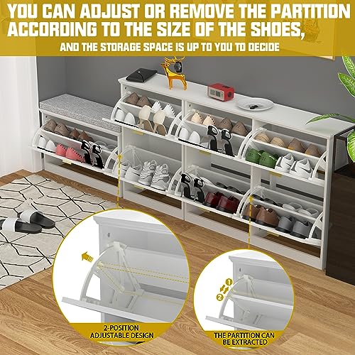 joibabe Shoe Cabinet with Flip Drawers, Shoe Bench with Removable Cushion, Free Standing Tipping Bucket Shoe Rack Organizer with Adjustable Shelf, Shoe Storage Cabinet