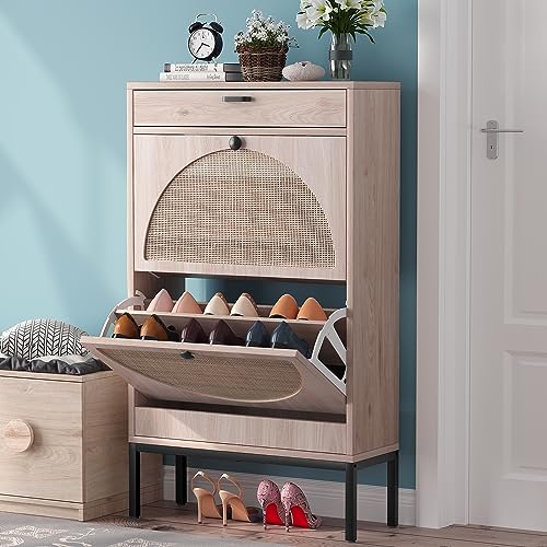 Brafab Shoe Storage Cabinet with 2 Flip Drawers&1 Small Drawer, Slim Entryway Shoe Organizer with Half Round Woven Rattan Doors for Sneakers…