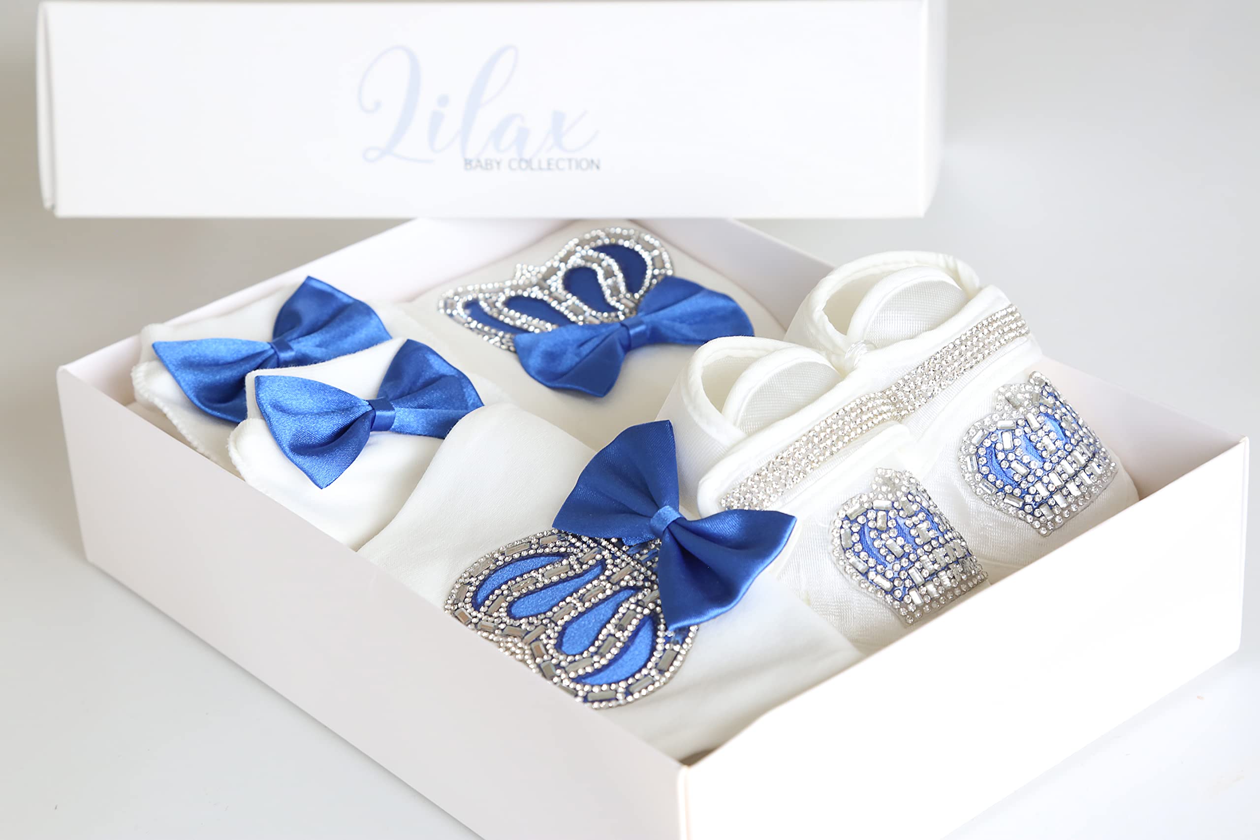 Lilax Baby Boy Jewels Crown Layette 4 Piece Gift Set 0-3 Months Royal Blue