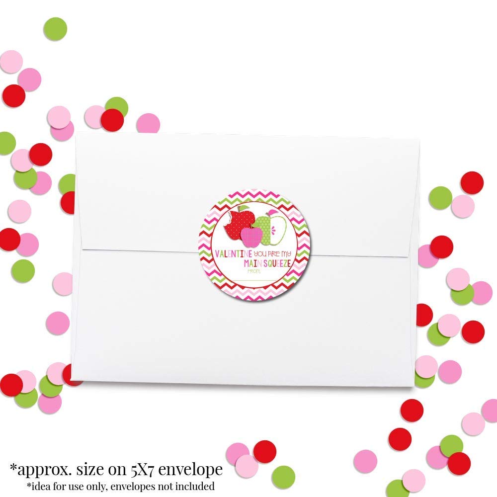 Main Squeeze Apple-Themed Valentine Party Favor Sticker Labels, 40 2" Party Circle Stickers by AmandaCreation, Great for Classroom Valentines, Envelope Seals, Gifts & Treats