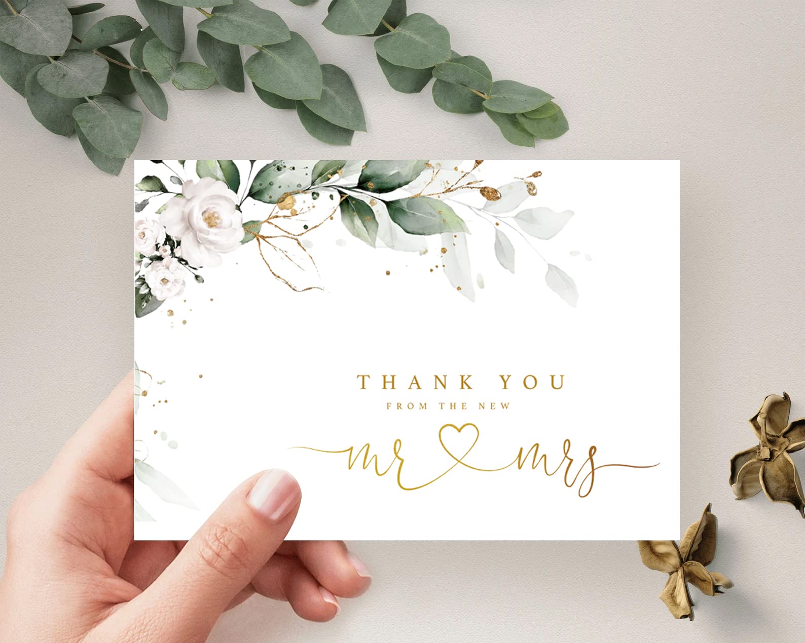 AMNADOF 100 Wedding Thank You Cards with Envelopes & Stickers | Bulk Mr and Mrs Thank You Notes Blank on the Inside | Greenery & Gold Foil Thank You From the New Mr & Mrs.