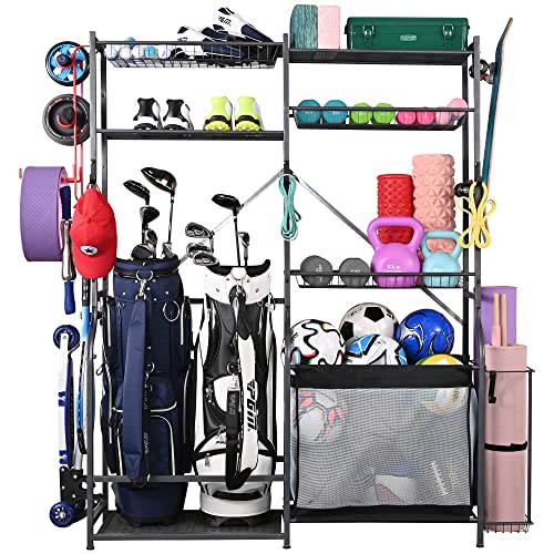 PLKOW Golf Storage Ball Rack Garage Organizer, 2 Golf Bag Organizer and Other Sports Equipment Organizer for Garage, Extra Large Size Sports Storage Rack for Garage