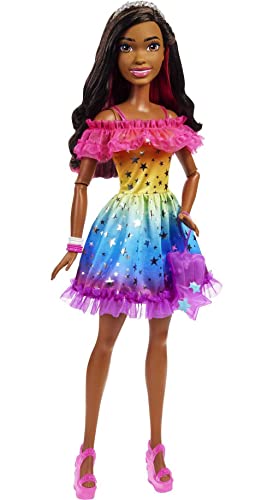 Barbie Large Doll with Dark Brown Hair, 28 Inches Tall, Rainbow Dress and Styling Accessories Including Shooting Star Handbag