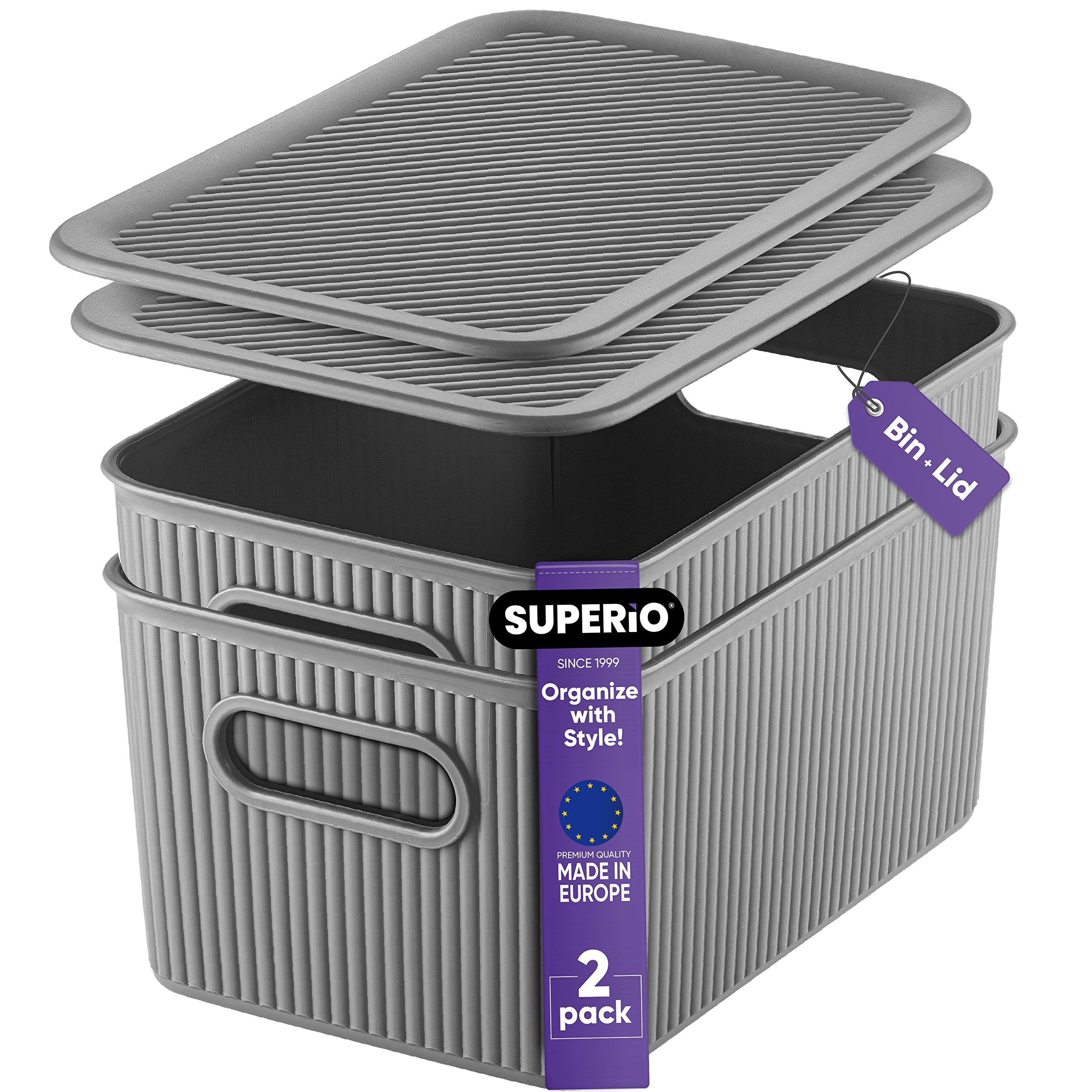 Superio Decorative Lidded Home Storage Bins, Plastic Organizer Baskets, Medium Grey (2 Pack - 5 Liter) Stackable Container Box, for Organizing Closet Shelves Drawer Shelf