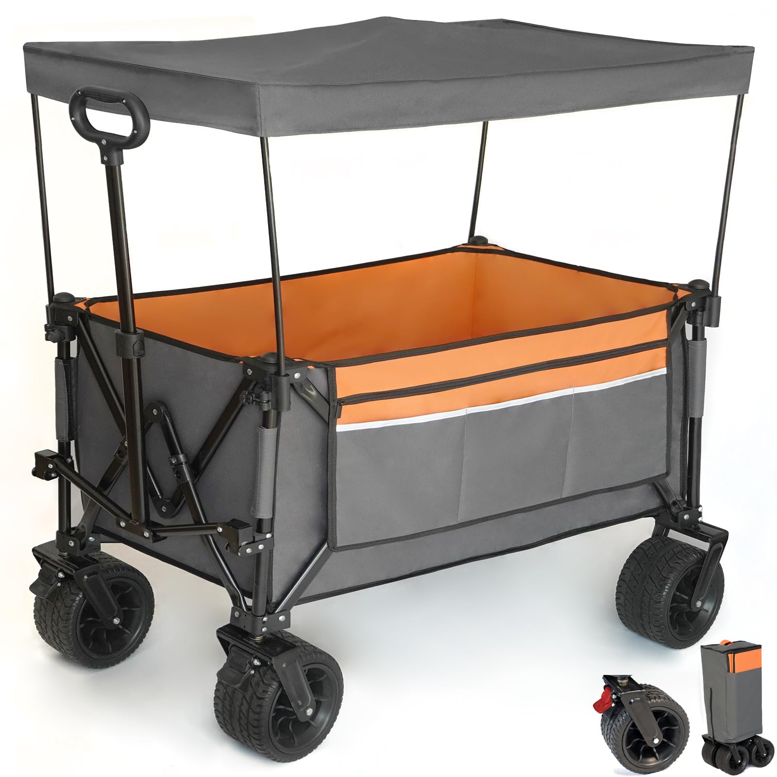 Aimnny Heavy Duty Folding Wagon with Canopy, Collapsible Outdoor Utility Wagon, Compact Garden Cart, Portable Cart with Oversized Bed and Small Folding Size, All Terrain Wheels with Brakes, Grey