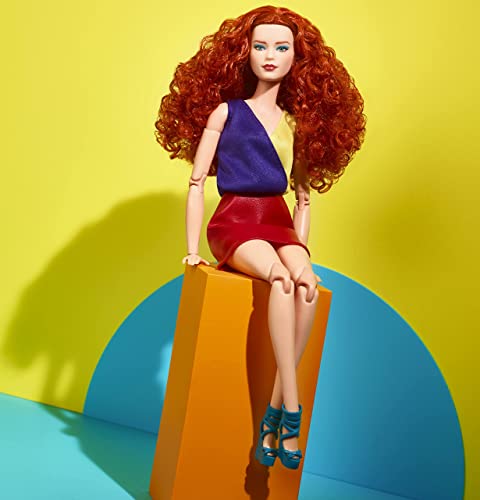 Barbie Looks Doll with Curly Red Hair Dressed in Color Block Top and Glossy Pleather Skirt, Posable Made to Move Body