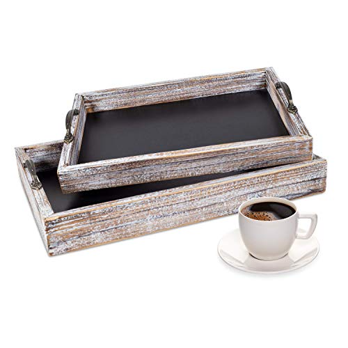 Serving Trays β Rustic Nesting Serving Trays with Chalkboard Surface and Decorative Handles β Charcuterie Tray for Coffee Table β Set of 2 Stackable Wood Serving Trays β Vintage Design