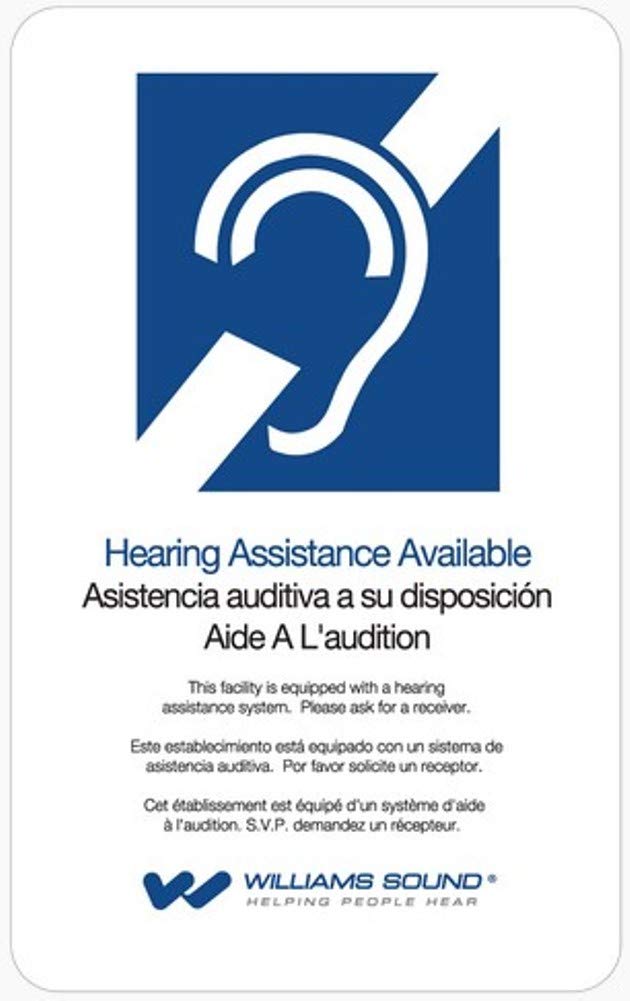 Williams AV FM 557 Large-Area Dual FM Plus and Wi-Fi Assistive Listening System with FM T55 Transmitter, (4) PPA R37N Receivers, (4) EAR 022 Earphones, (2) NKL001 Neckloops and IDP 008 ADA Wall Plaque