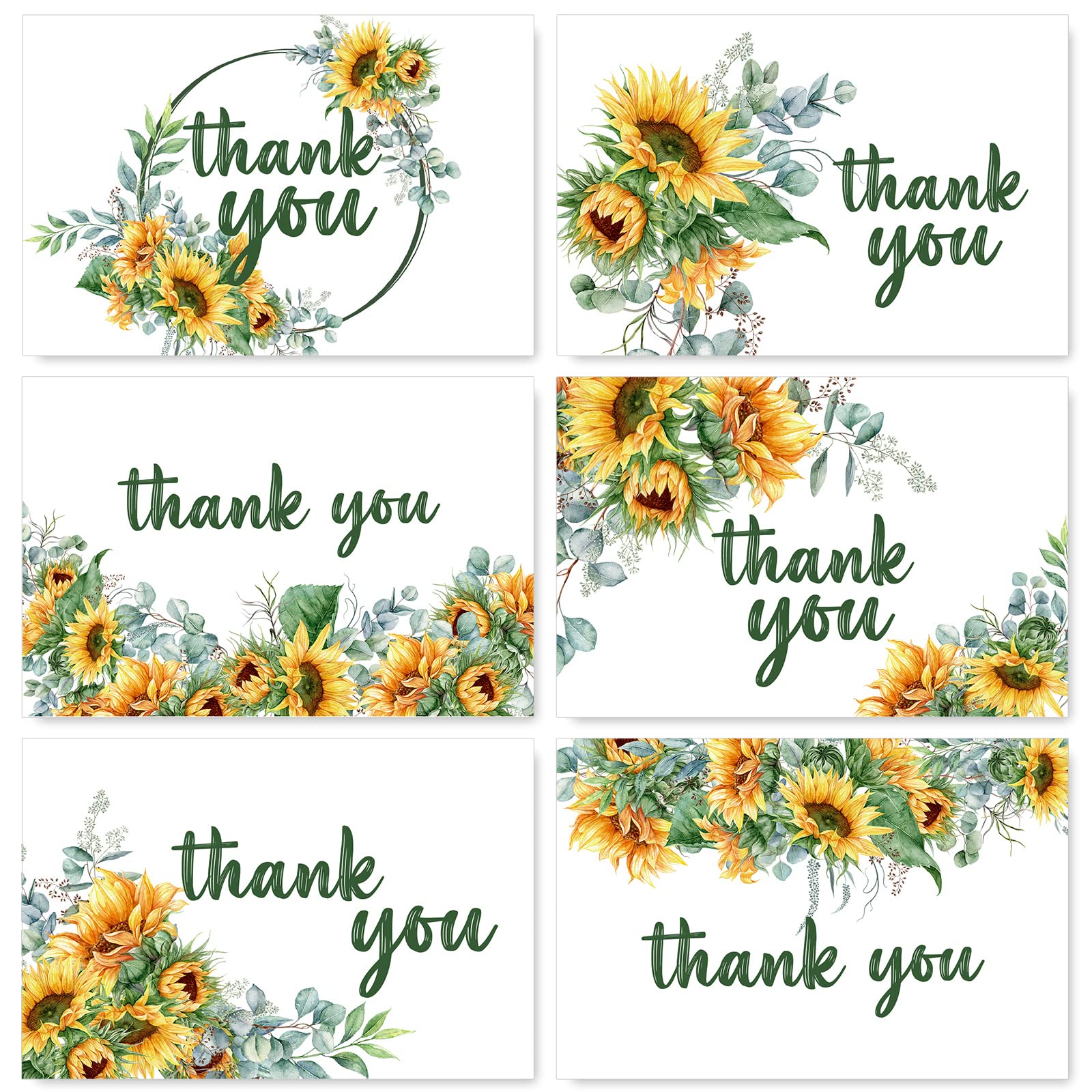 AnyDesign 36Pack Sunflower Eucalyptus Thank You Cards Bulk Watercolor Floral Greeting Cards with Envelopes Matching Seal Stickers Flower Note Cards for Wedding Birthday Baby Shower Bridal Party