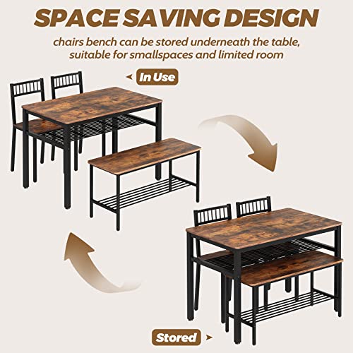 Bigbiglife Dining Table Set for 4, Kitchen Table with 2 Chairs and 1 Bench, Dining Table Set with 2 Storage Racks and 4 S-Hooks, Industrial Design for Small Space Home Kitchen, Rustic Brown