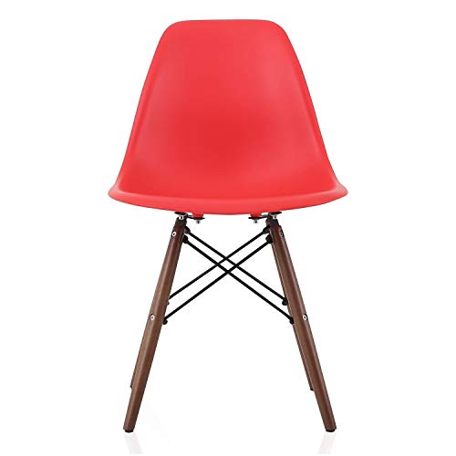 Set of 2 Ed Red Plastic Dining Shell Chair with Dark Walnut Wood Eiffel Legs Mid-Century Modern Upholstered