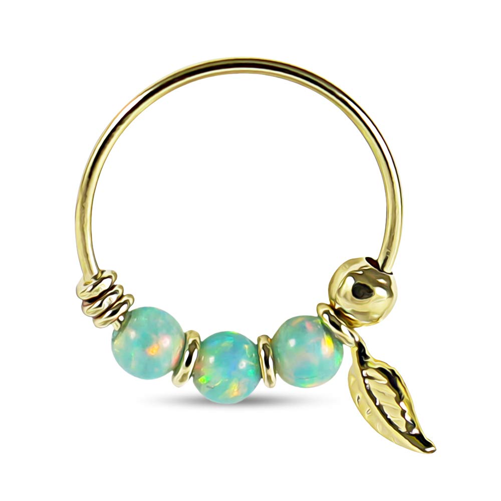 9K Solid Yellow Gold Triple Light Green Opal Bead with Leaf 22 Gauge Hoop Nose Piercing Ring Jewelry