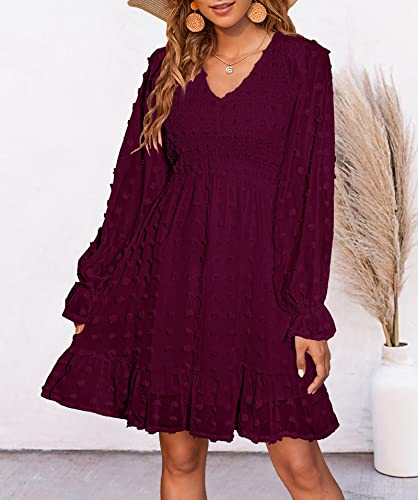 BTFBM Women Long Sleeve V Neck Smocked Short Dress Flowy Casual SwissDot Ruffle Mini Babydoll Summer Fall Dresses 2023(Solid Wine Red, Large)