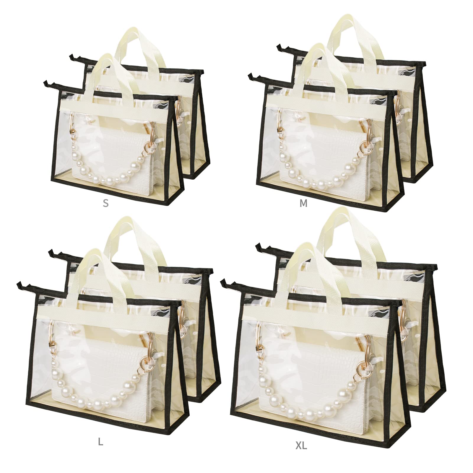 8 Pack Dust Bags for Purses and Handbags, DSVENROLY Clear Handbag Storage, Purse Organizer Insert for Handbag with Zipper and Handle (Beige, 4 Sizes)