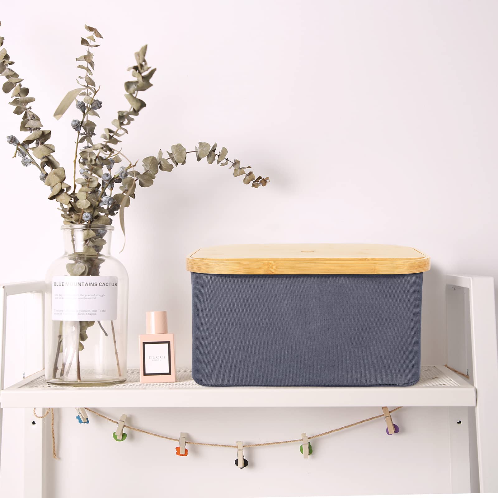ANMINY Storage Bin with Removable Bamboo Lid Handles Canvas Basket Box Stackable Lidded Closet Cabinet Shelf Cube Foldable Decorative Clothes Organizer Laundry Container - Gray, Large