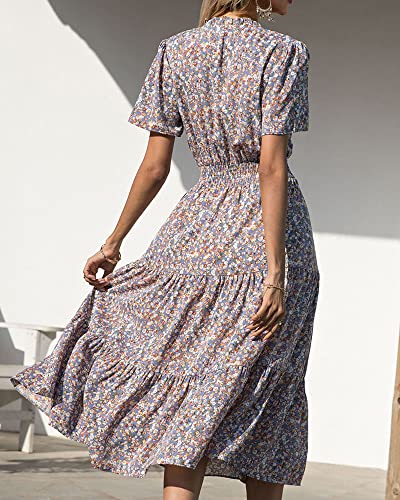 BTFBM Women's 2023 Summer Casual Boho Dress Floral Print Tie V Neck Short Sleeve Elastic Waist A-Line Midi Beach Dresses(Floral Blue, Large)
