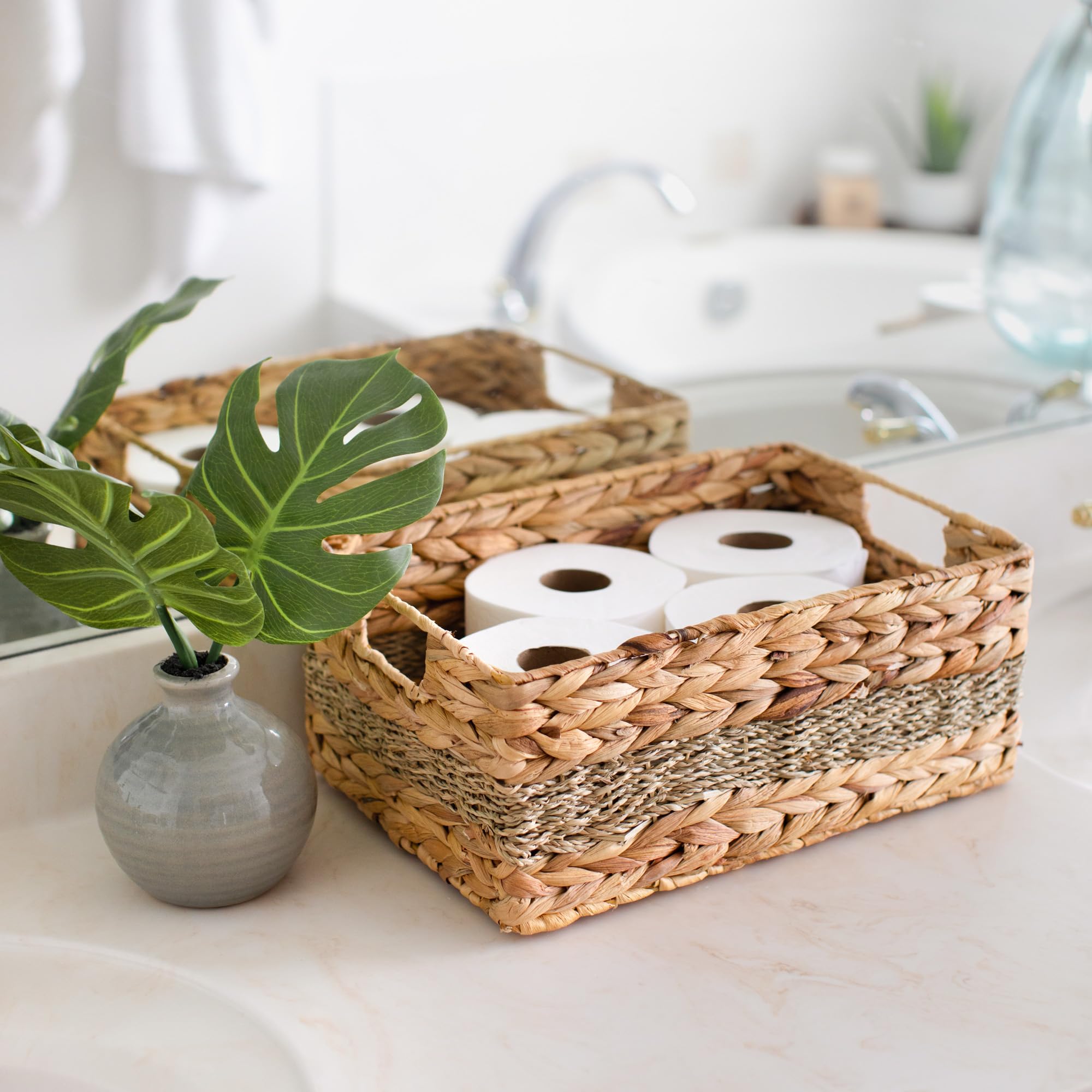 Artera Large Wicker Storage Basket - Set of 4 Woven Water Hyacinth Baskets with Handle, Large Rectangular Natural Nesting Storage Bins for Bedroom, Bathroom, Laundry Room or Kitchen (Style 1)