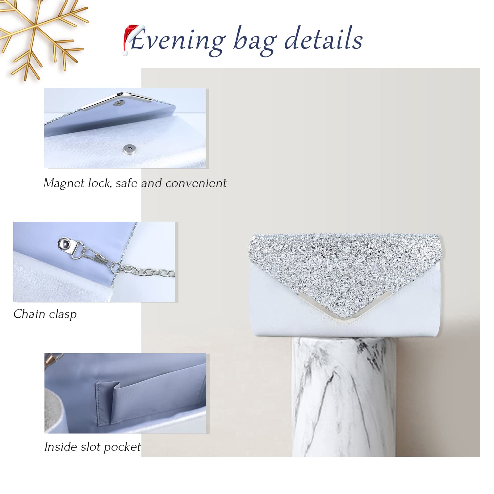 Carwales Silver Evening Clutch Women's Sequin Envelope Handbags Shiny Clutch Purse Wedding Prom Party Bridal Bag for Women(Silver)