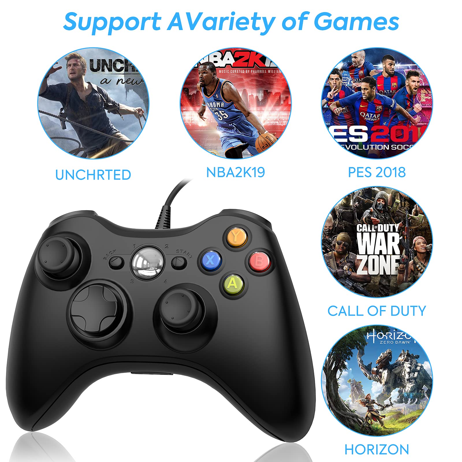 Ainoibo Wired Controller Compatible for Microsoft Xbox 360 and Windows PC (Windows 10/8.1/8/7) Game Controller for Xbox 360 with Dual Vibration and Ergonomic