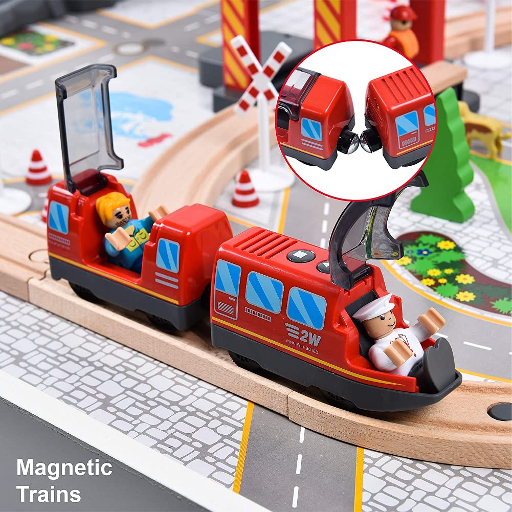 Battery Operated Train Set for Wooden Train Track (w/Sound & Magnetic Connection), Powerful Engine Red Action Locomotive Train Set Compatible with Thomas, Brio, Chuggington - Train Toys for Toddlers