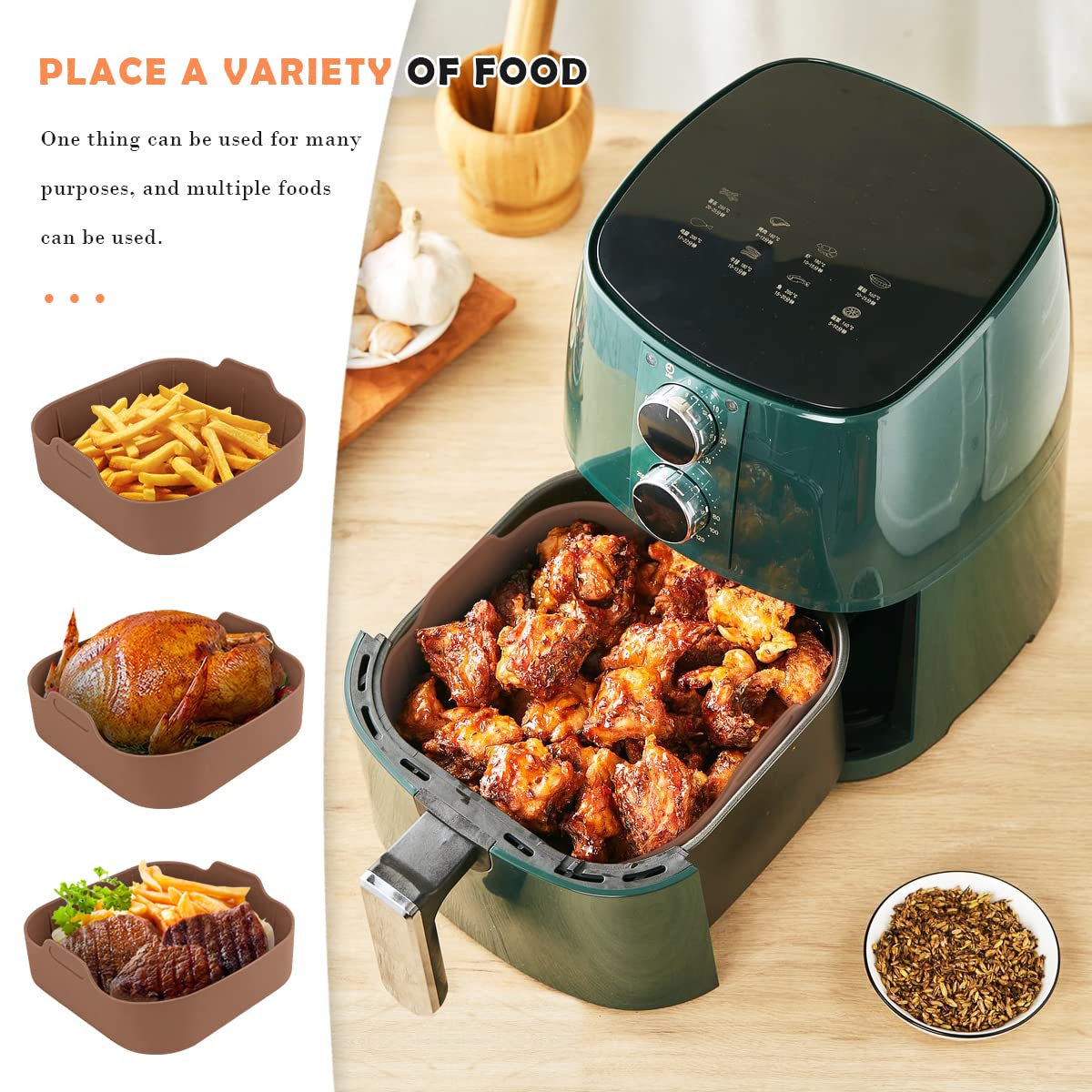 Air Fryer Silicone Pot - Silicone Air Fryer Reusable Liners for 5.5 QT or Bigger Square, Food Safe Reusable Air Fryer Silicone Basket,Easy Cleaning Air Fryer Pan with Heat-proof Gloves (Brown)