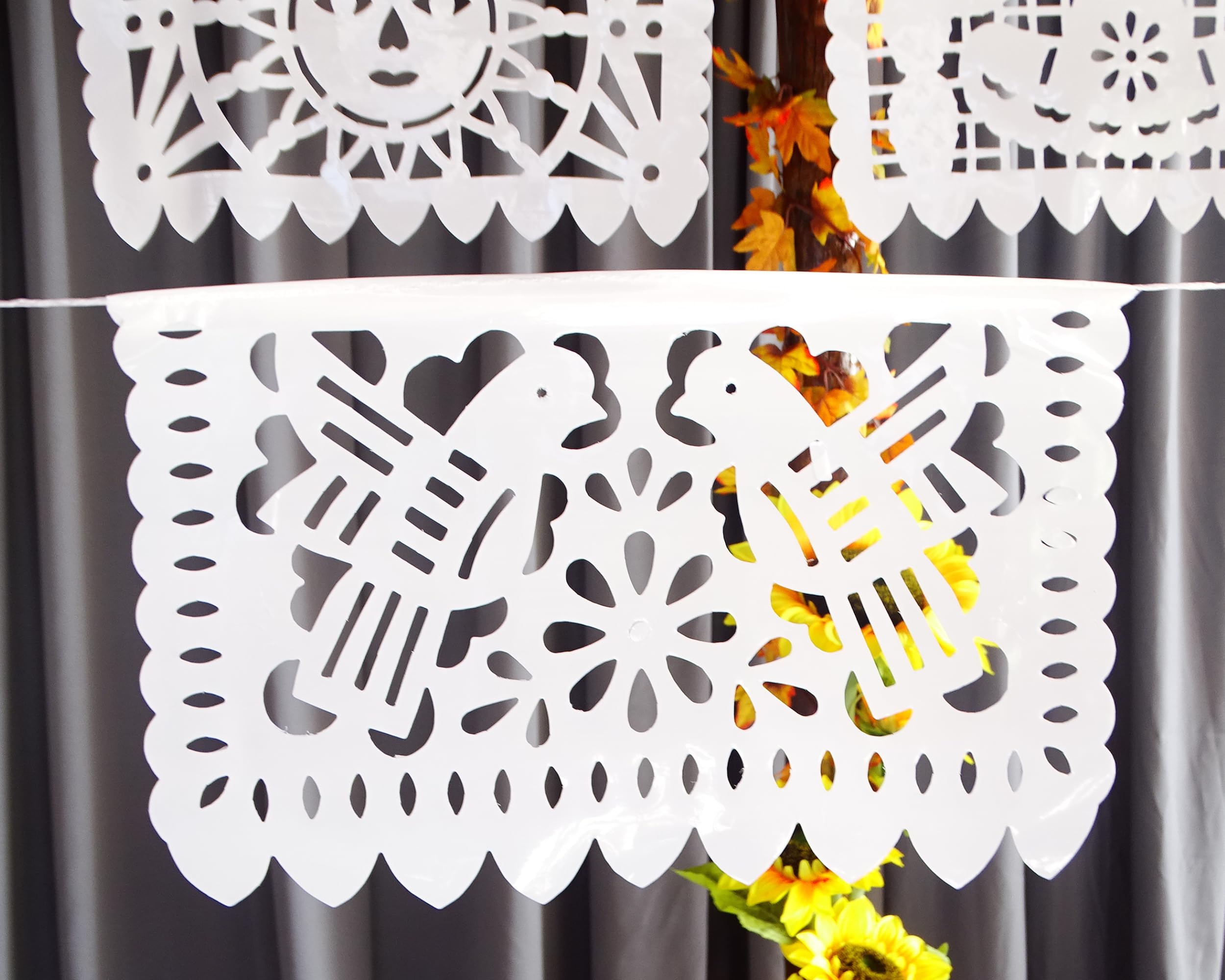 White Papel Picado Banner - Plastic Papel Picado Banner, garland, bunting, streamers - Fiesta Decorations - Mexican white Decorations for mothers day, bridal shower, weddings 5 pack/60 feet