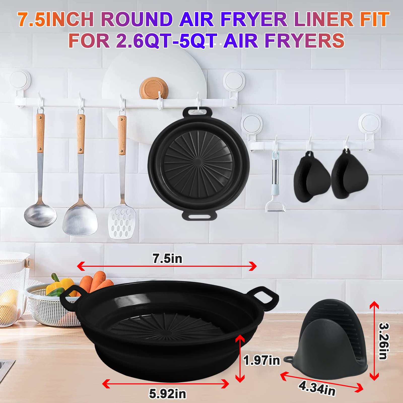 Air Fryer Silicone Liners, Moleath 7.5inch 4Pc Round Air Fryer Accessories Collapsible Airfryer Basket Liners, Reusable Air Fryer Pot Bowl for 2.6QT-5QT Air Fryers with Silicone Mitts & Muffin Cups
