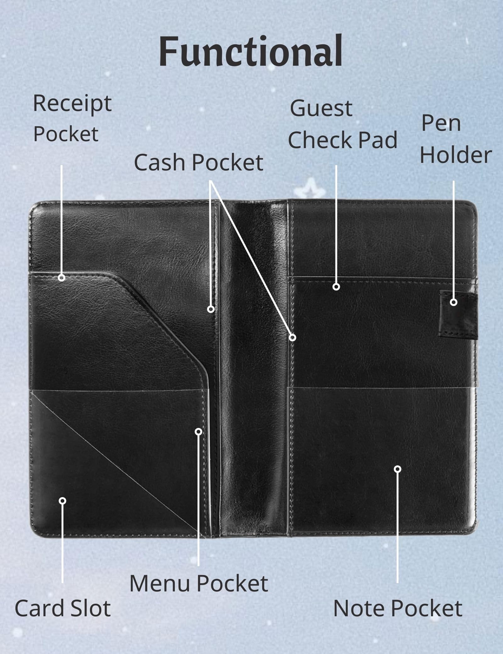Glitter Black Server Book for Waitress Book Server Wallet Waiter Book Cute Bling Waitstaff Organizer Fit Waitress Apron (Glitter Black)