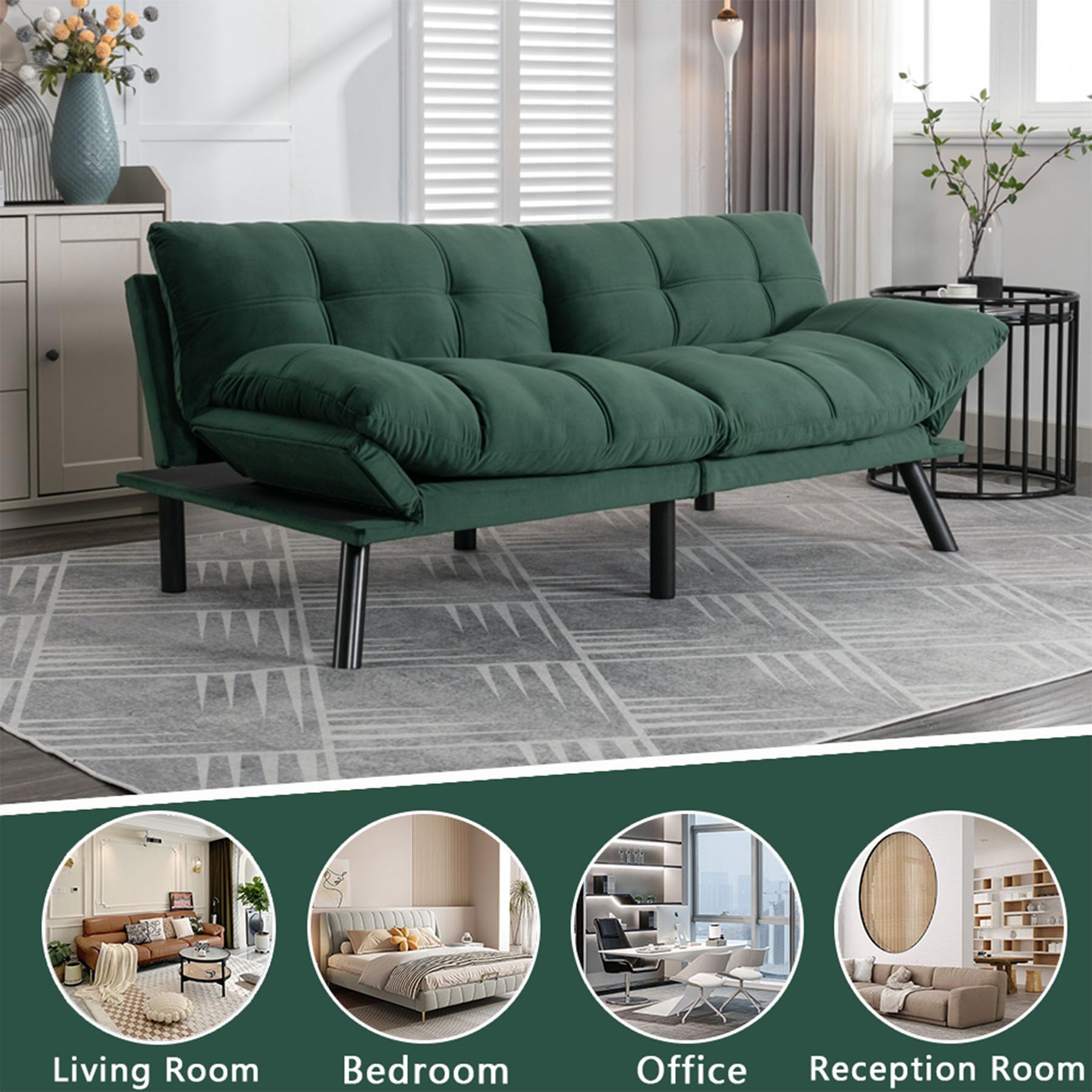 70β Modern Velvet Futon Couch Sleeper,Convertible Sleeper Sofa Bed with Adjustable Backrests and Folding Armrest for Living Room Bedroom Office Apartment,Split Back,Mattress Included (Green)