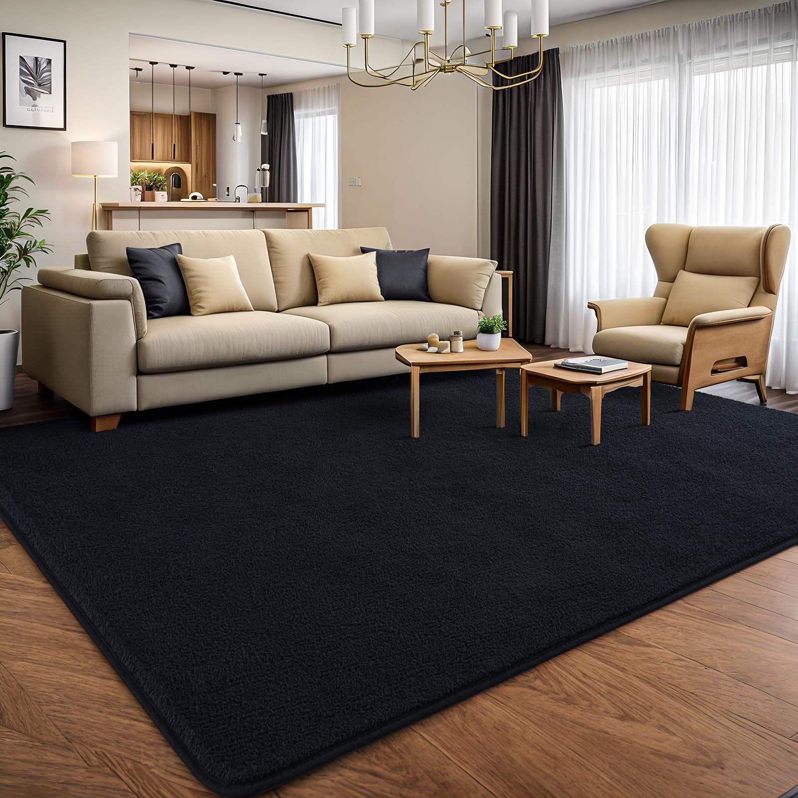AROGAN Modern Shag Area Rug for Bedroom, 4x6 Feet Washable Rugs for Living Room, Indoor Floor Carpet Rugs, Plush Memory Foam Bedside Rugs for Kids Girls Teens Room Low Pile Rug Decor, Black