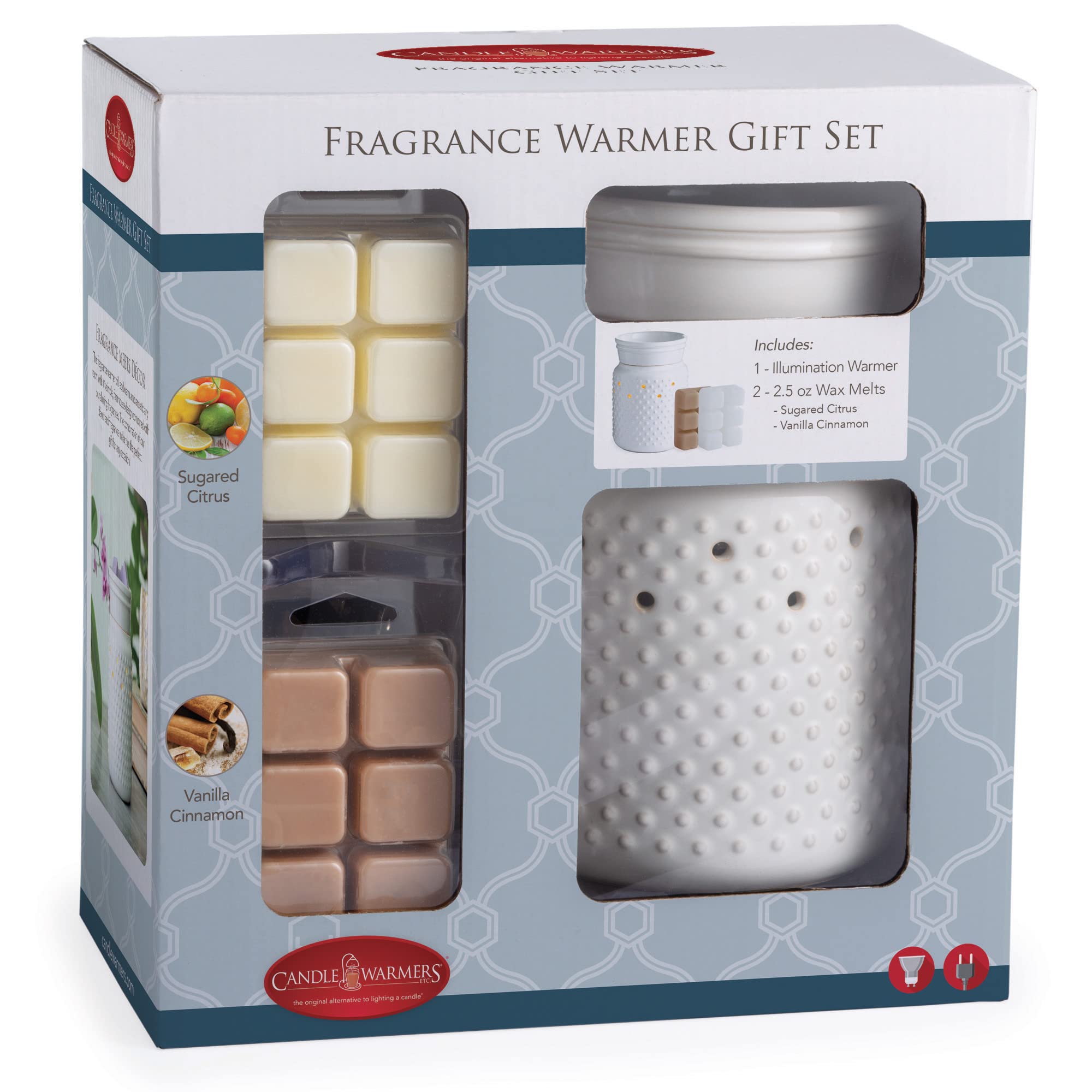 CANDLE WARMERS ETC Illumination Fragrance Warmer Gift Set, White Hobnail with Vanilla Cinnamon and Sugared Citrus