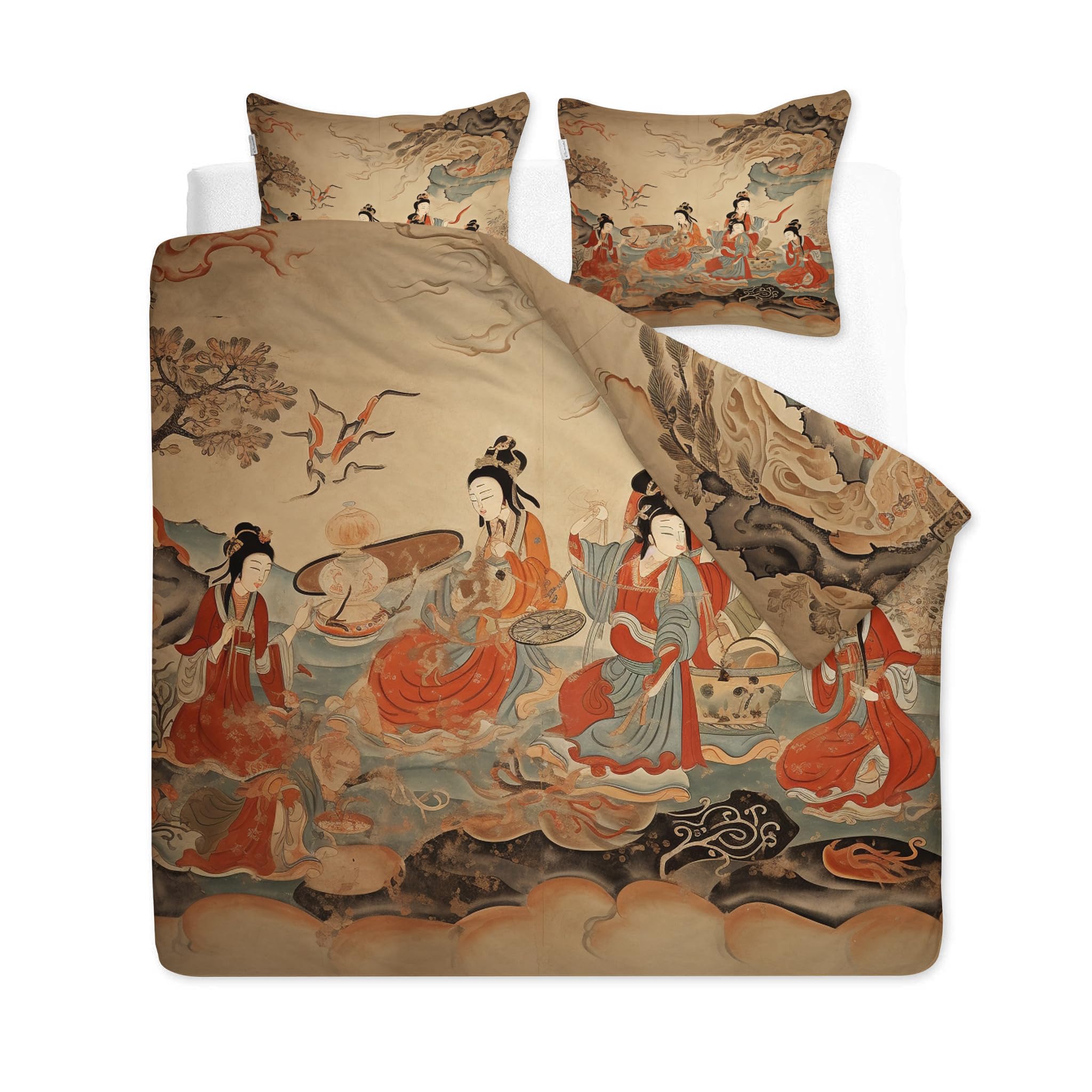 CLOXKS Chinese Duvet Cover Queen Size, Chinese Style Bedding Set 3-Piece Bedroom Decor Set, Soft Microfiber Patterned Comforter Cover with Zipper Ties and 2 Pillowcases