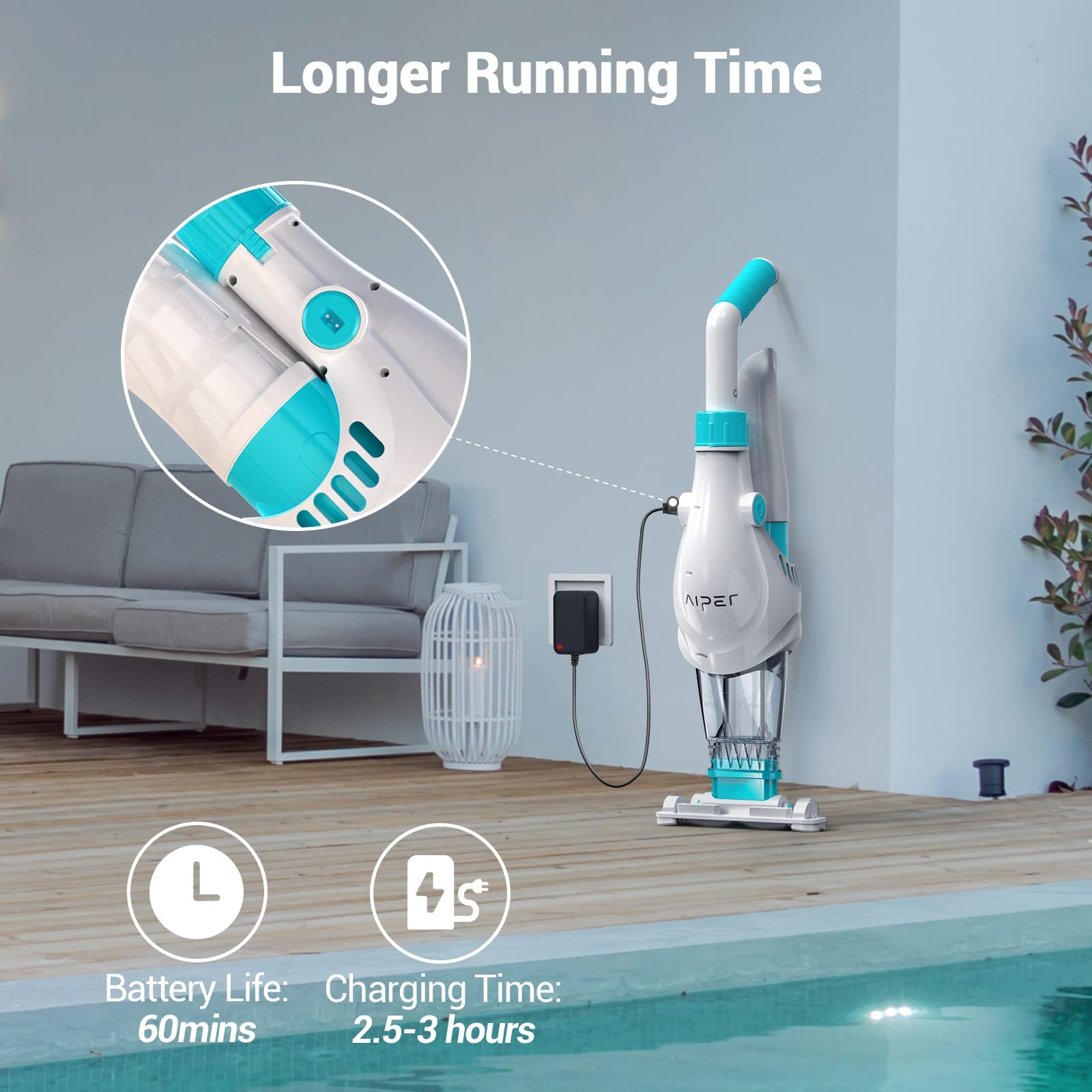 AIPER Cordless Pool Vacuum, Handheld Rechargeable Pool Vacuum Cleaner, Over 60 mins Running Time, Perfect for Above Ground Pools and In-Ground Pools, for Leaves, Sand and Debris