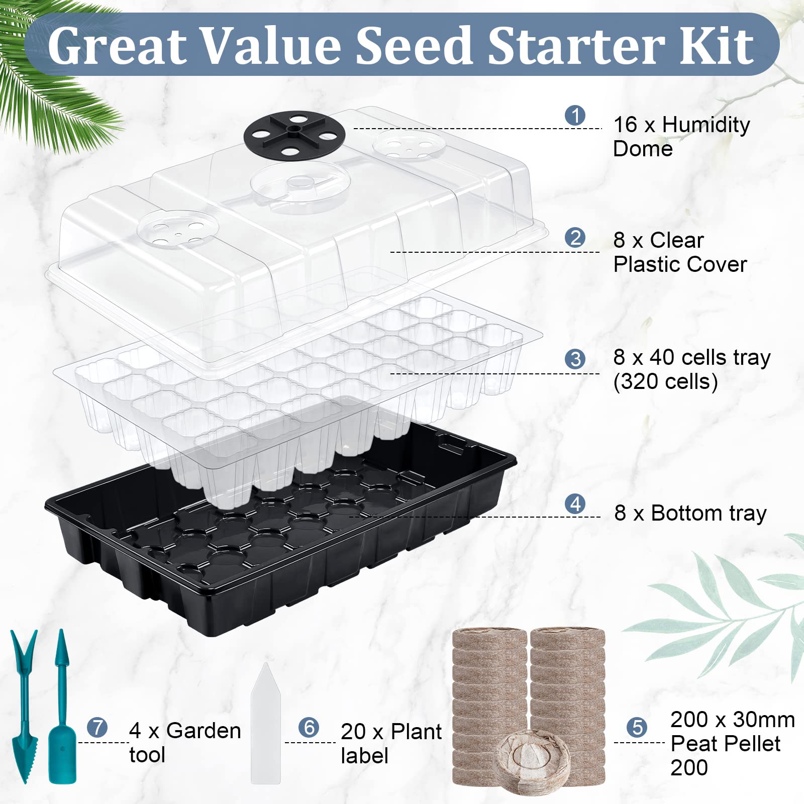 8 Pack Seed Starter Tray Seedling Trays with 200 Peat Pellets 20 Plant Labels 4 Gardening Tools with Humidity Vented Domes and Base Seed Germination Kit Mini Greenhouse for Plant Seedling (Green)