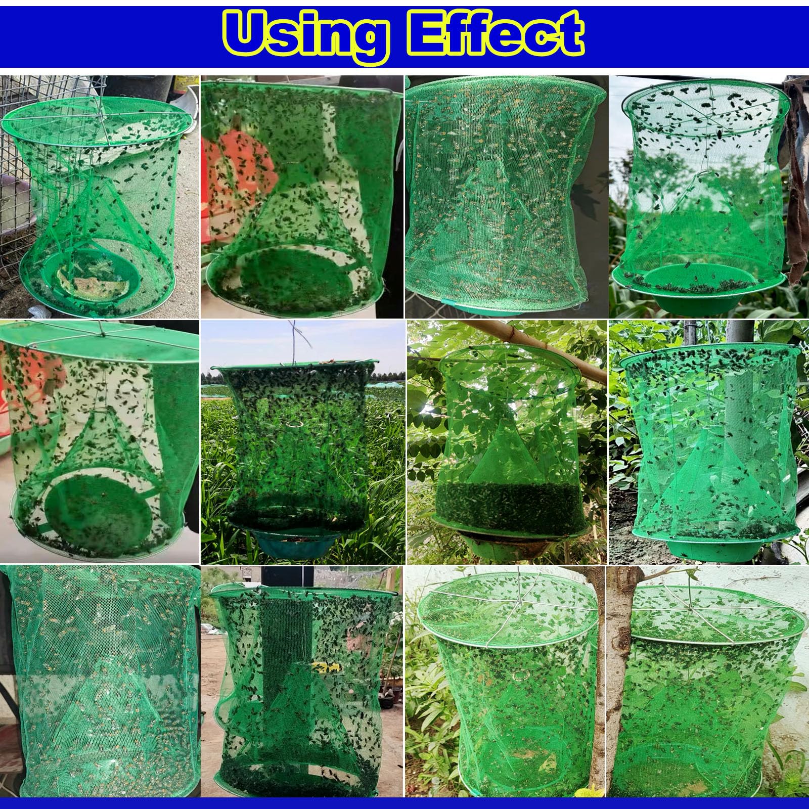 8 Pack Ranch Fly Traps - Reusable Fly Traps Outdoor Indoor Hanging,Stable Fly Traps with Bait-Tray Fly Catcher Cage Fly Net Bag for Farms,Park, Restaurants (Green)