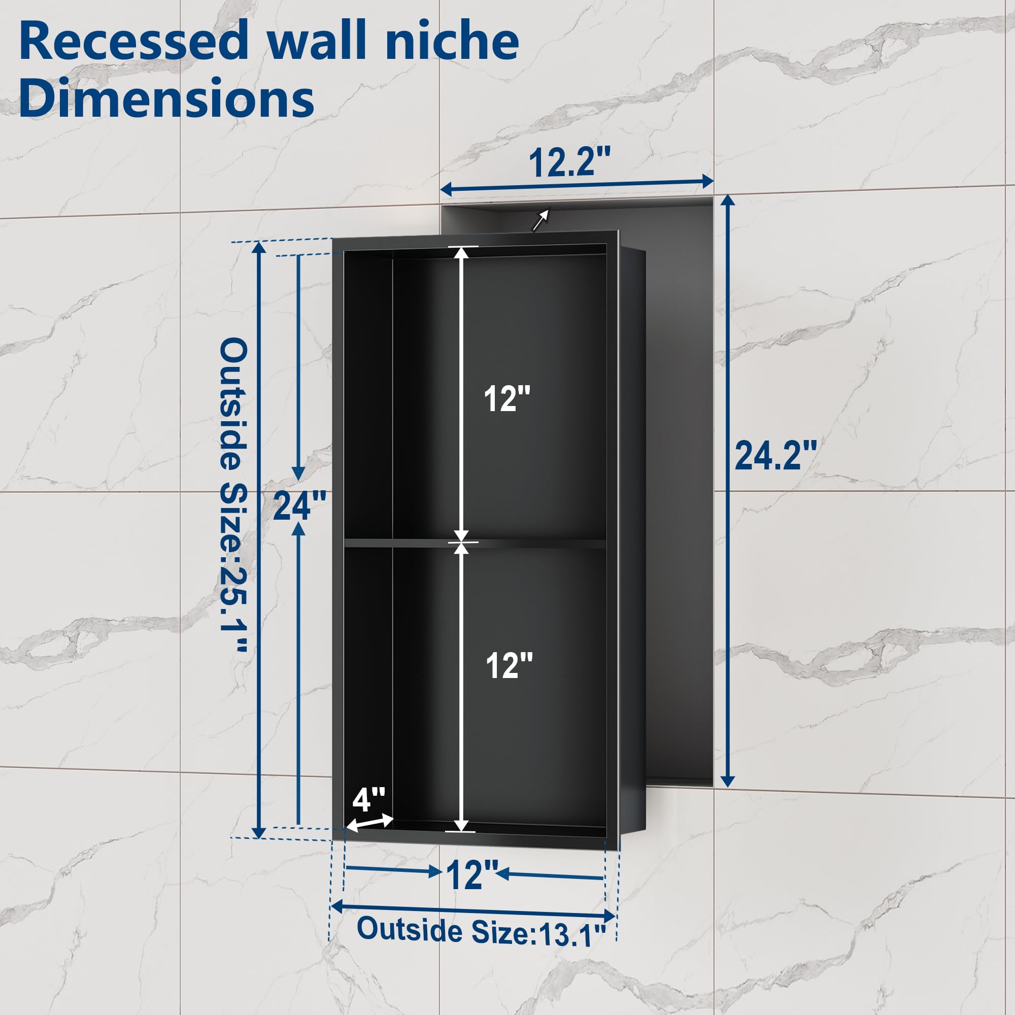 Neodrain No Tile Shower Niche, Stainless Steel Wall Niche 13.1"X25.1"(Inner Size 12"X24"), Two-Tier Bathroom Shelf, NO Tile Needed Recessed Niche Shower for Bathroom Storage, Matte Black