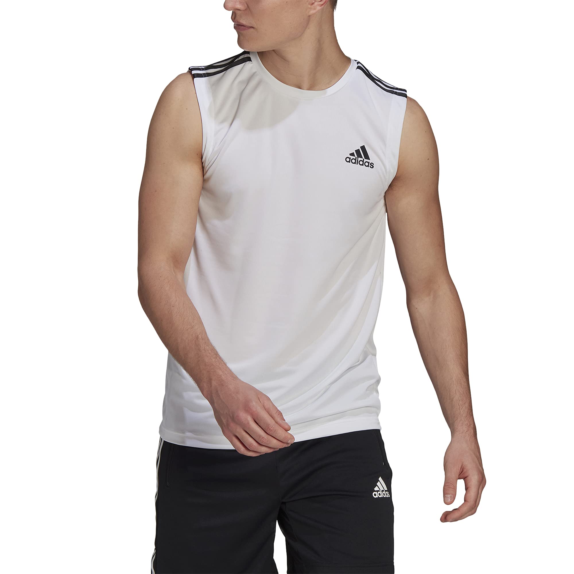 adidas Men's AEROREADY Designed 2 Move Sport 3-Stripes Tank Top, White, Large