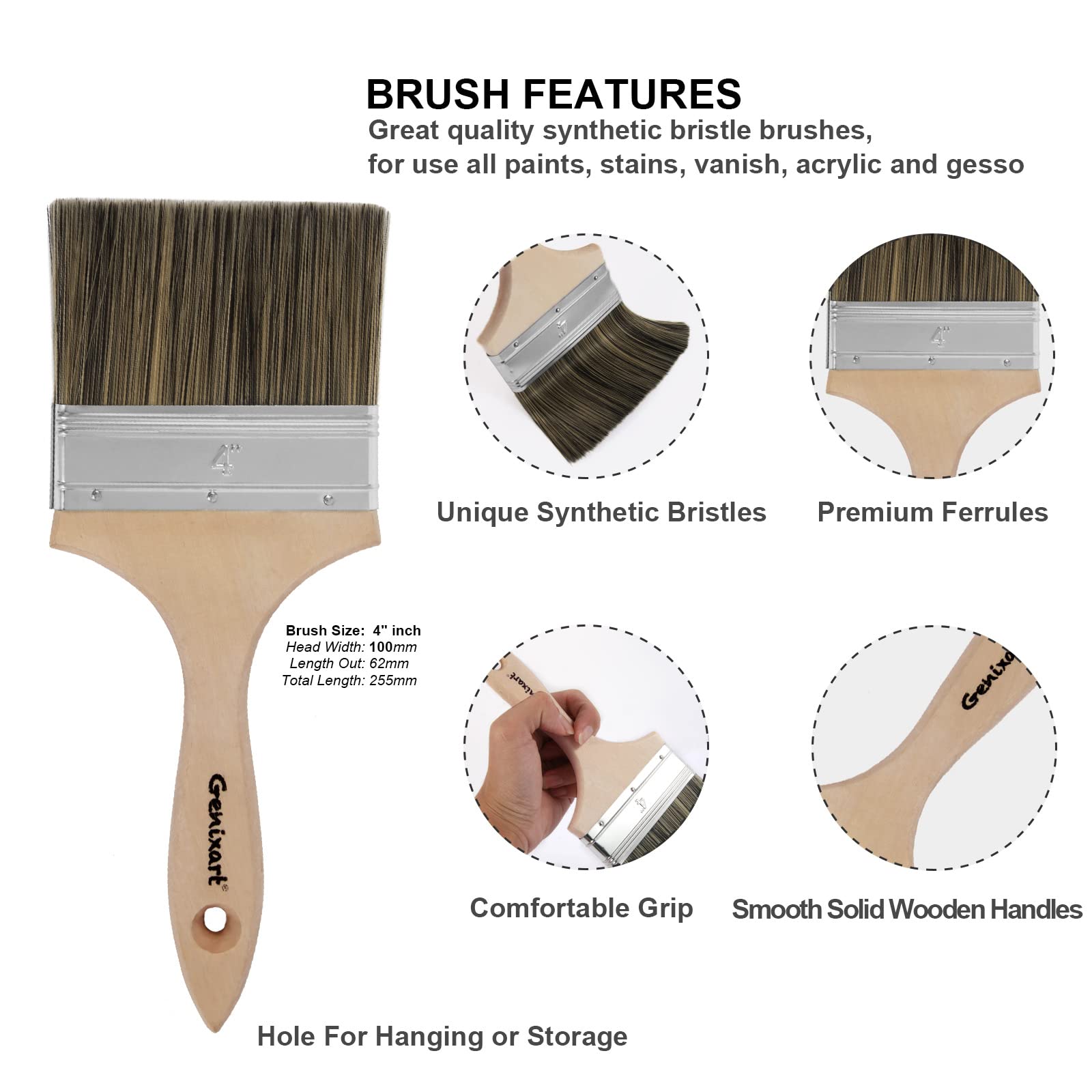 Double Thick Chip Paint Brush, 4 inch / 100mm Stain Brushes for Painting Walls and Fence Staining, Wooden Handle Masonry Paintbrush for Varnish, Paste, Gesso and Limewash