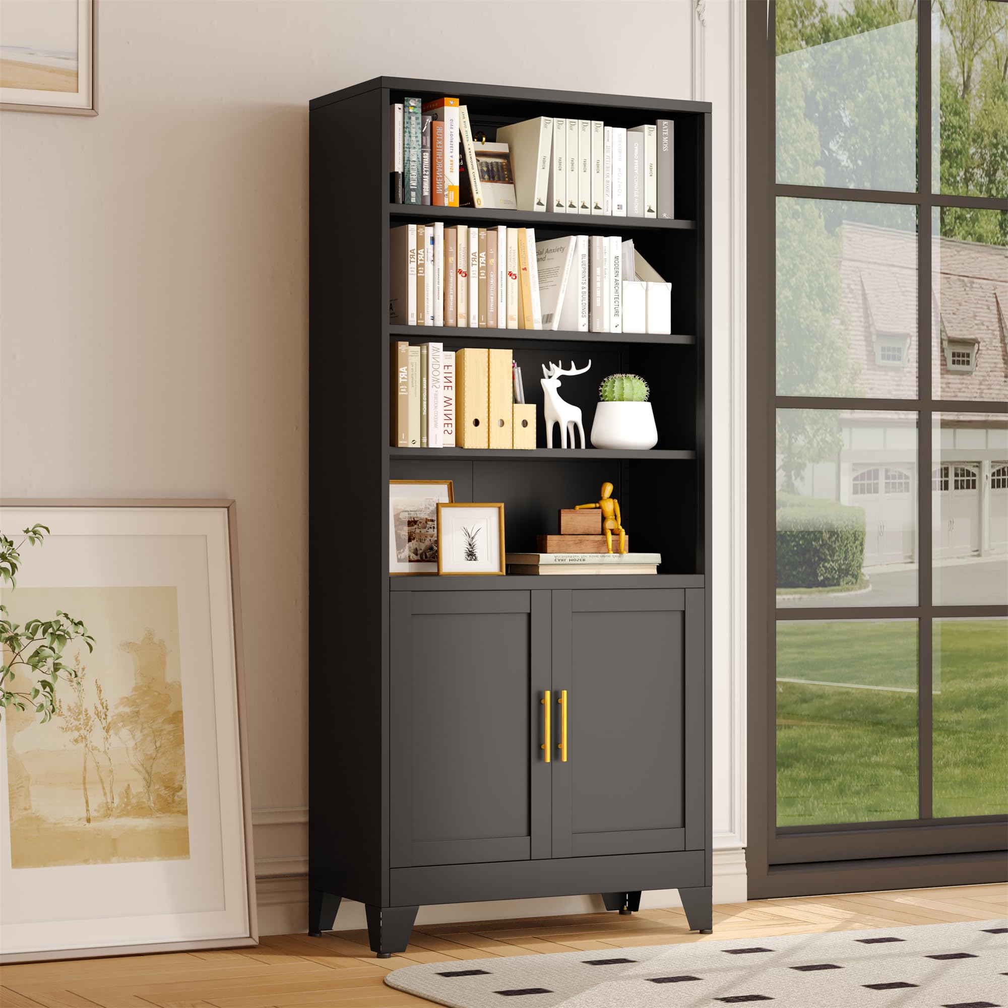 71"H Metal Bookcases and Bookshelves with 2 Doors and Adjustable Shelvesļ¼Tall Storage Cabinet Industrial Bookshelf 6-Tier Open Display Shelfļ¼Decor Furniture for Home, Office, Living Room, Bedroom