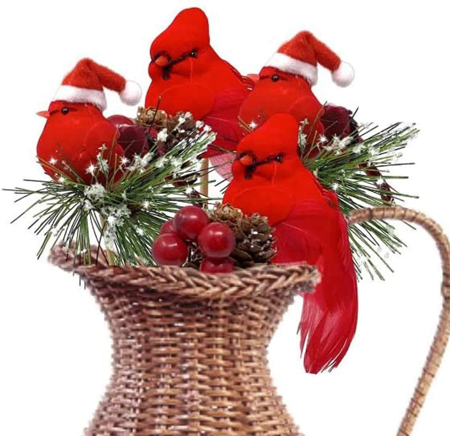 Christmas Cardinal Floral Red Artificial Feathered Birds on a Iron Wire Xmas Tree Ornaments Craft Decorations for Home Garden Wedding Decor Pack of 6