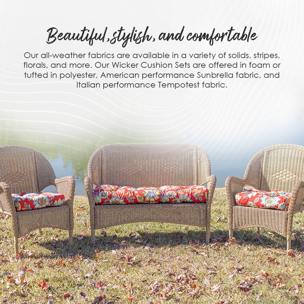 RSH DECOR: Sunbrella 3-Piece Wicker Tufted Cushion Set | Large Size | Made with Sunbrella Performance Fabric | Outdoor Loveseat & U-Shaped Seat Cushions | Brannon Whisper