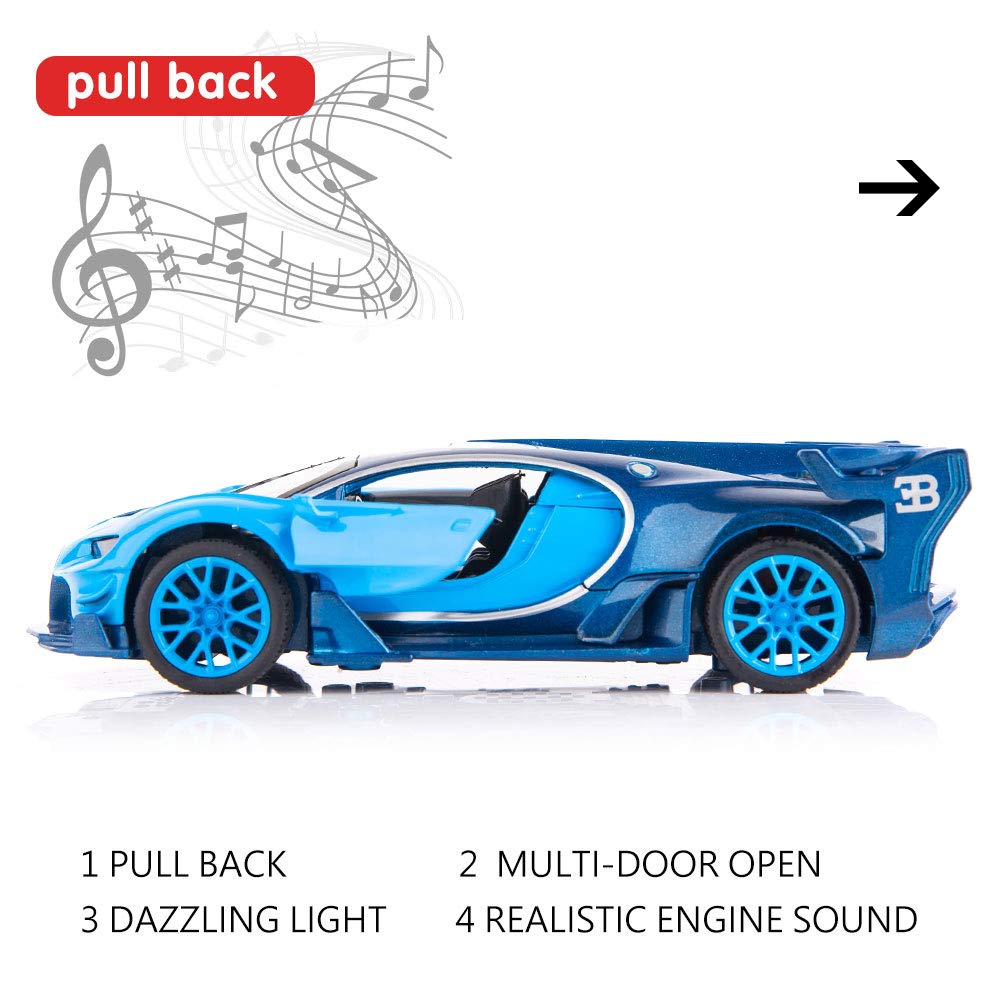 BDTCTK Bugatti Vision GT Supercar 1/32 Zinc Alloy Die Casting Pull Back Car Model Toy Sound and Light for Boy Girl Gift (Bule)