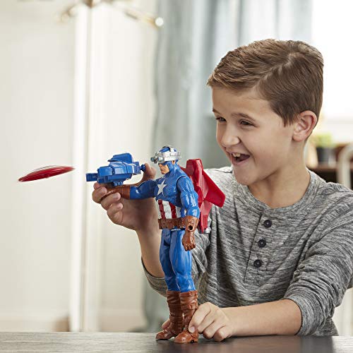 Avengers Marvel Titan Hero Series Blast Gear Captain America, 12-Inch Toy, with Launcher, 2 Accessories and Projectile, Ages 4 and Up , Blue