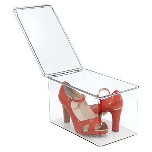 mDesign Stackable Plastic Closet Storage Container Bin Box with Hinge Lid for Organizing Shoes, Booties, Pumps, Sandals, Wedges, Flats, Heels - Lumiere Collection - 2 Pack - Clear