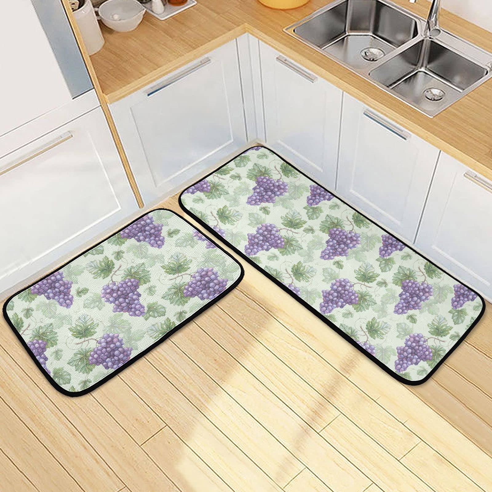 ALAZA Grapes Purple Kitchen Mat Set 2Piece,Super Absorbent Kitchen Rugs Mats Non Slip Waterproof Easy Clean Carpets Rugs for Kitchen Floor Sink Laundry Runner Area Rug Carpet