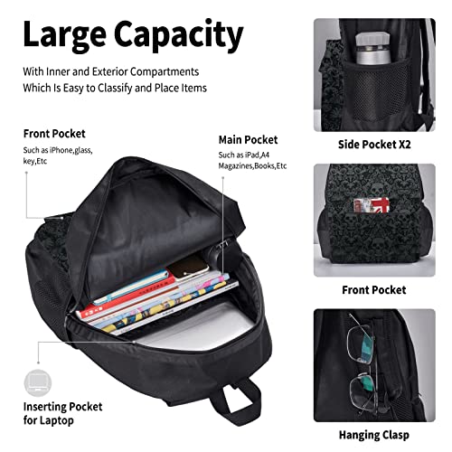 Carlonge Black Skull Gothic School Backpack for Boys Girls Teen 3 Pieces Set Cute School Bag with Lunch Bag Pencil Case, One Size
