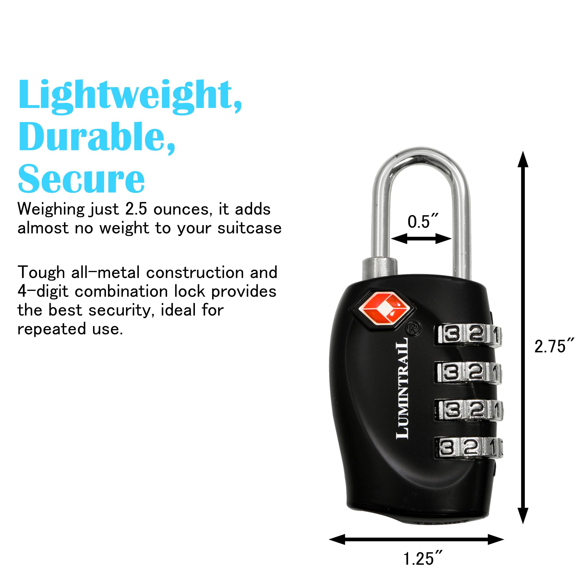 Lumintrail TSA Approved Locks, 4 Digit Combination Luggage Locks TSA Approved, Travel Locks for Luggage & Suitcase with 4-FT Steel Cable, Black, 2 Pack