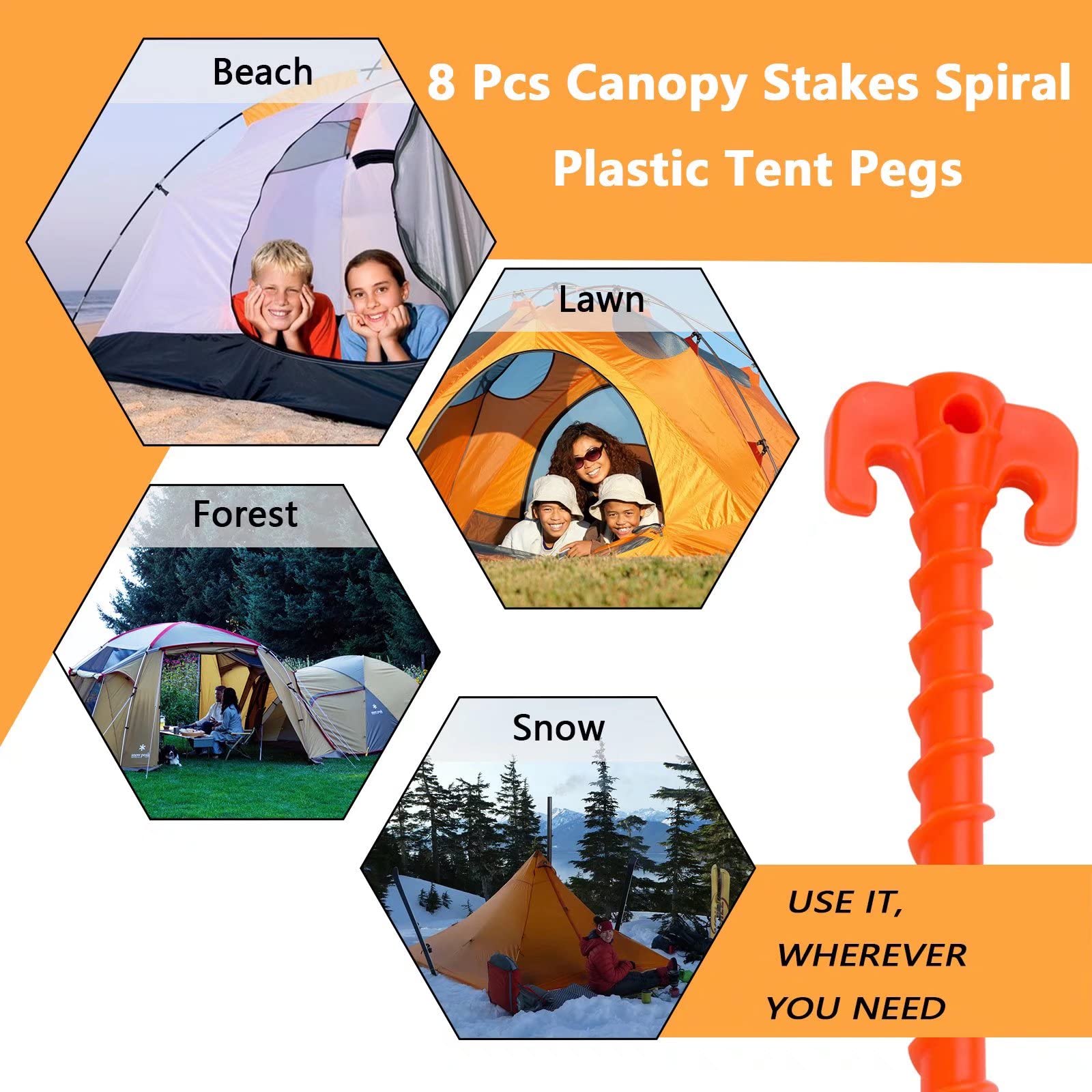 8 Pcs 10 inch Canopy Stakes Spiral Plastic Tent Pegs with 10PCS 6inch Ball Bungee Cords Red Elastic String Cord with Black Ball
