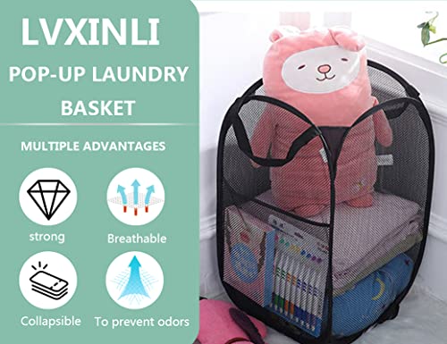 Popup Laundry Hamper,Foldable Mesh Laundry Basket with Durable Handle,Easy to Open and Fold for Dorm, Laundry Room, Bedroom, RV(Black)…