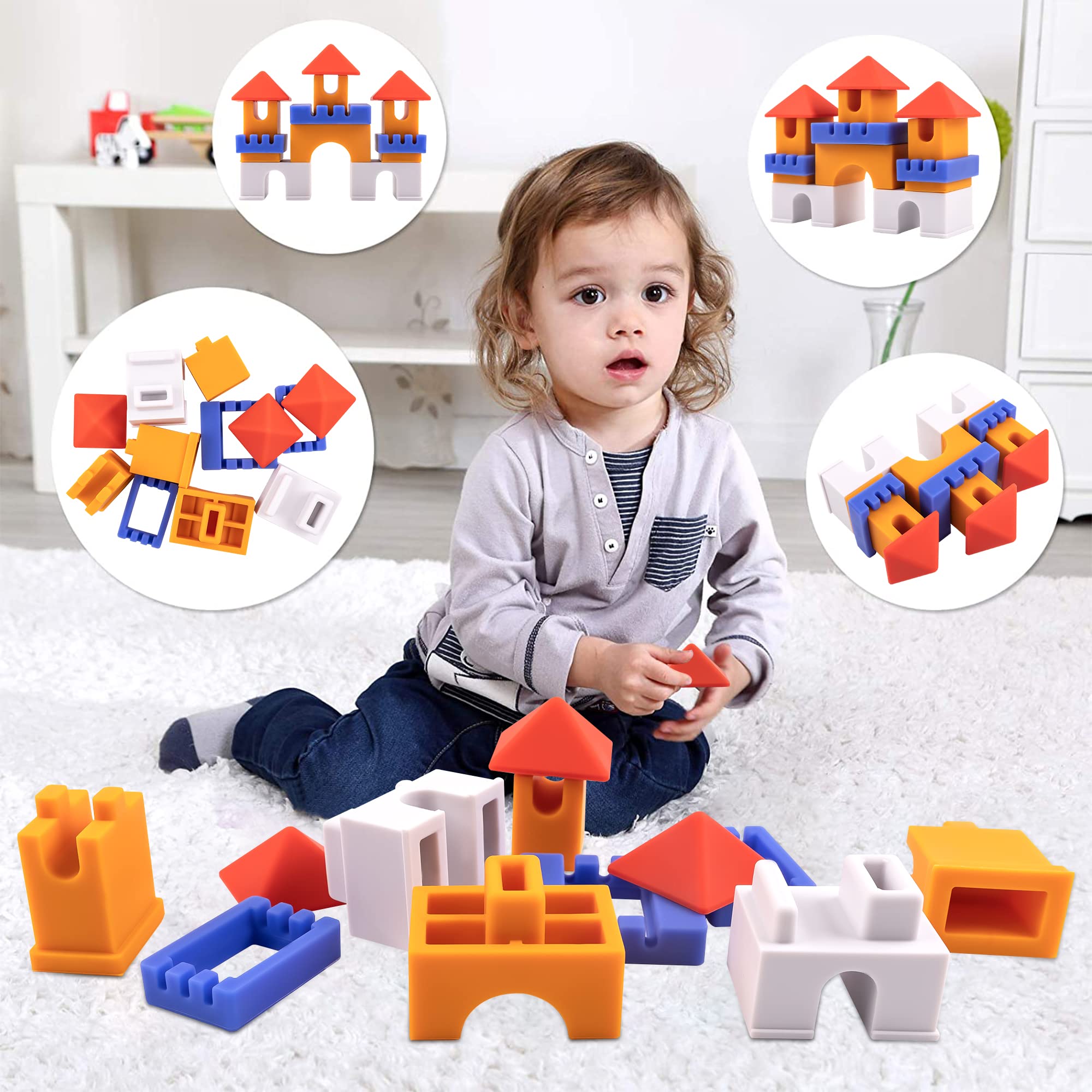 CHIN FAI Silicone Stacking Blocks, 12 PCS Baby Soft Castle Building Blocks - Montessori Kids Stacking & Nesting Toys for Babies 6 Months and up (Red)